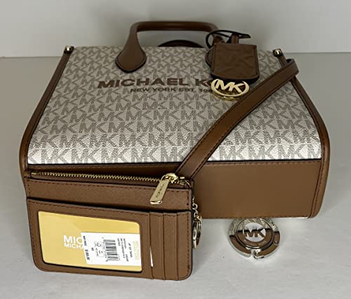 Michael Kors Mirella Small Shopper Top Zip Bag bundled SM TZ Coinpouch Purse Hook (Vanilla/Luggage)