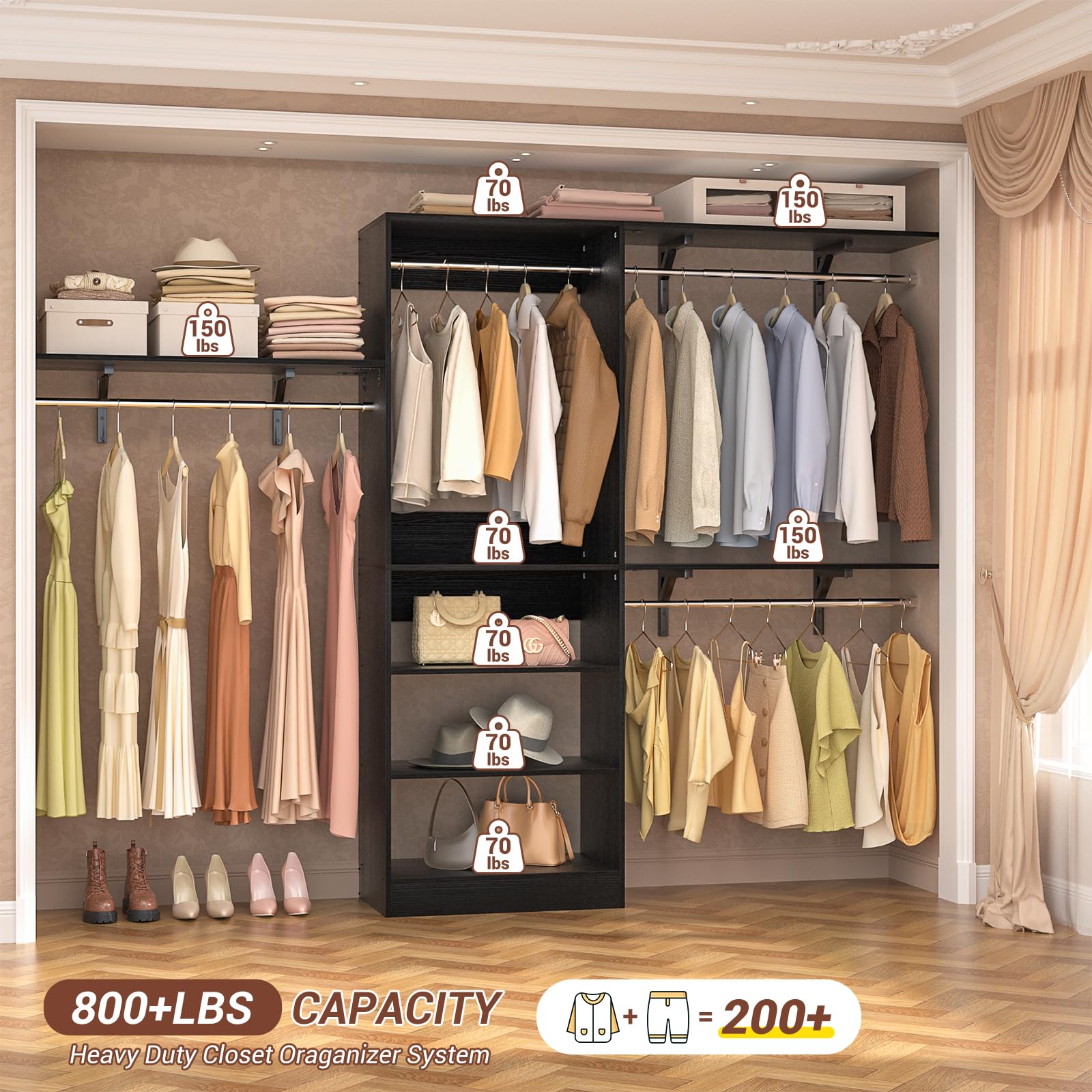 Armocity 96'' Closet System, 8FT Walk In Closet Organizer with 3 Shelving Towers, Heavy Duty Bedroom Wardrobe with 5 Shelves, Wall Mounted Clothes Rack (Can Be Cut To Fit), 96"L x 16"W x 75"H, Black