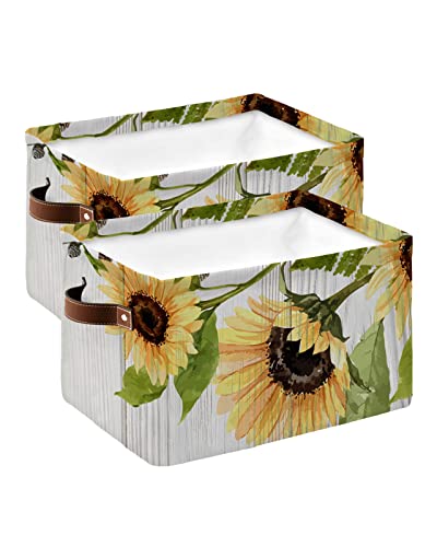 Waterproof Fabric Storage Baskets 2 Pack - 15"x11"x9.5" Oversized Foldable Toy Storage Box Clothes Storage Bins for Home Closet - Sunflower Oil Painting and Vintage Wood Grain