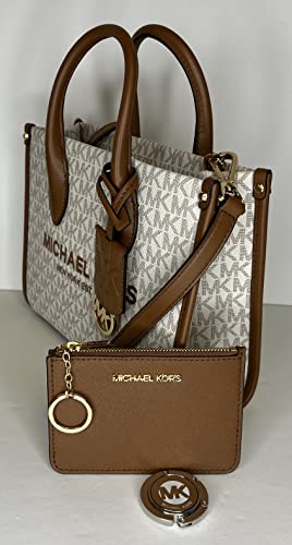 Michael Kors Mirella Small Shopper Top Zip Bag bundled SM TZ Coinpouch Purse Hook (Vanilla/Luggage)