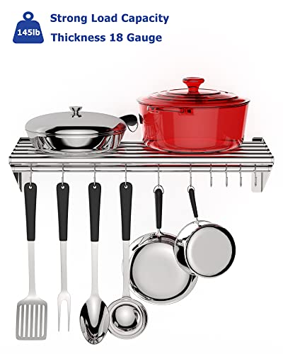 MegaChoice Stainless Steel Wall Shelf, 12'' x 24'', 145 lbs Load NSF Heavy Duty Commercial Wall Mount Shelving with 10pcs Hook, for Restaurant, Home, Kitchen, Hotel, Laundry Room, Bar