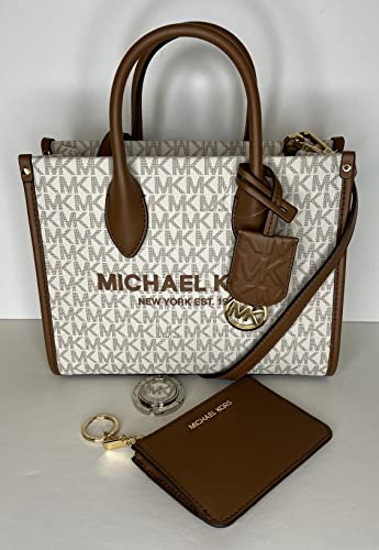 Michael Kors Mirella Small Shopper Top Zip Bag bundled SM TZ Coinpouch Purse Hook (Vanilla/Luggage)