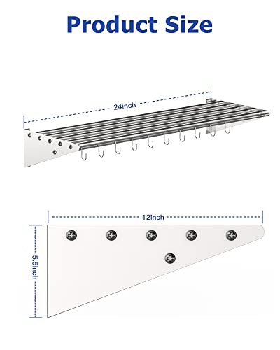 MegaChoice Stainless Steel Wall Shelf, 12'' x 24'', 145 lbs Load NSF Heavy Duty Commercial Wall Mount Shelving with 10pcs Hook, for Restaurant, Home, Kitchen, Hotel, Laundry Room, Bar