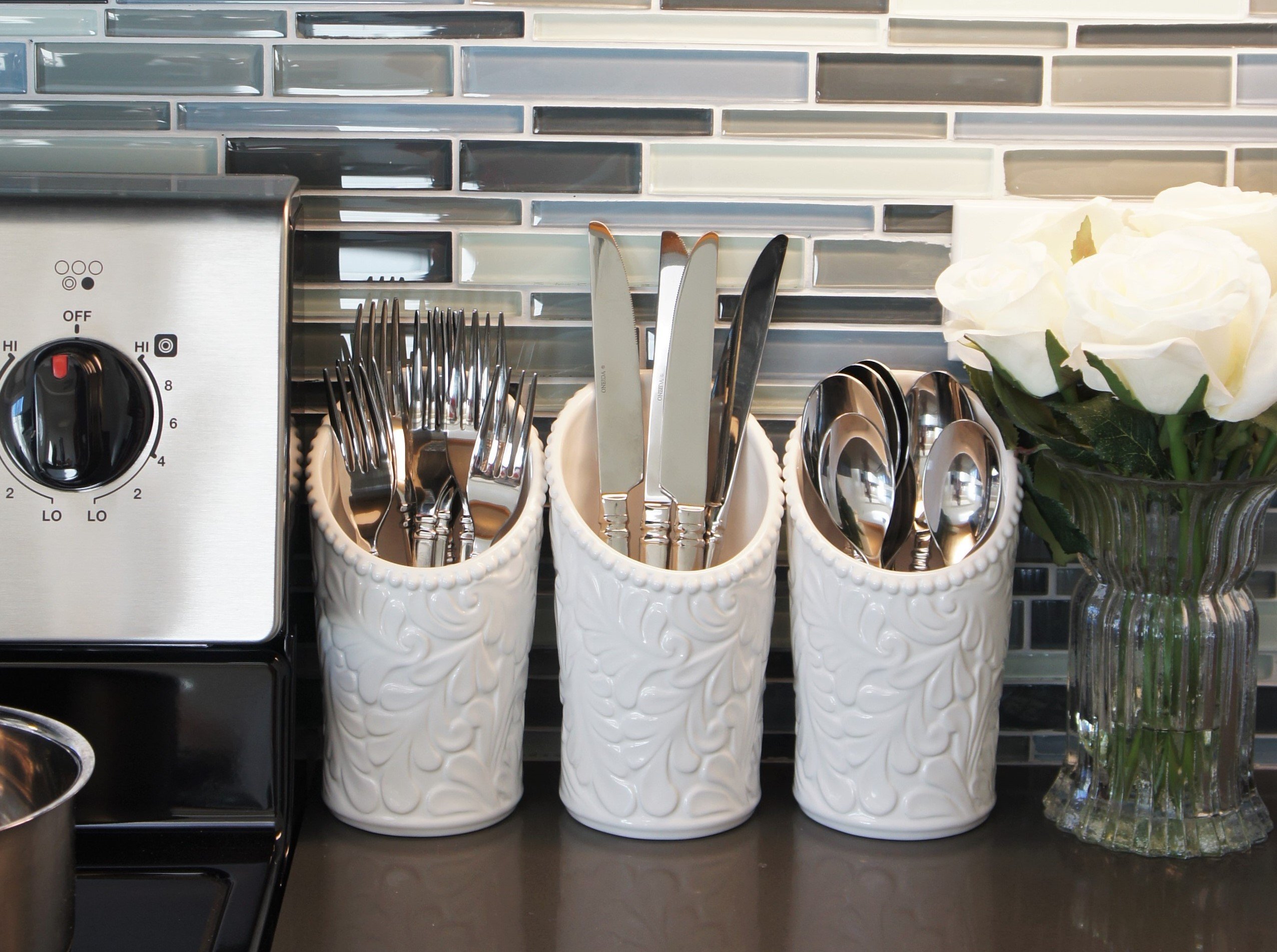 iEnjoyware Kitchen Tool Crock (4 Pieces) - 3 Ceramic Utensil Holders (4" Dia x 7" H each) & 1 Metal Caddy - White & Embossed Design