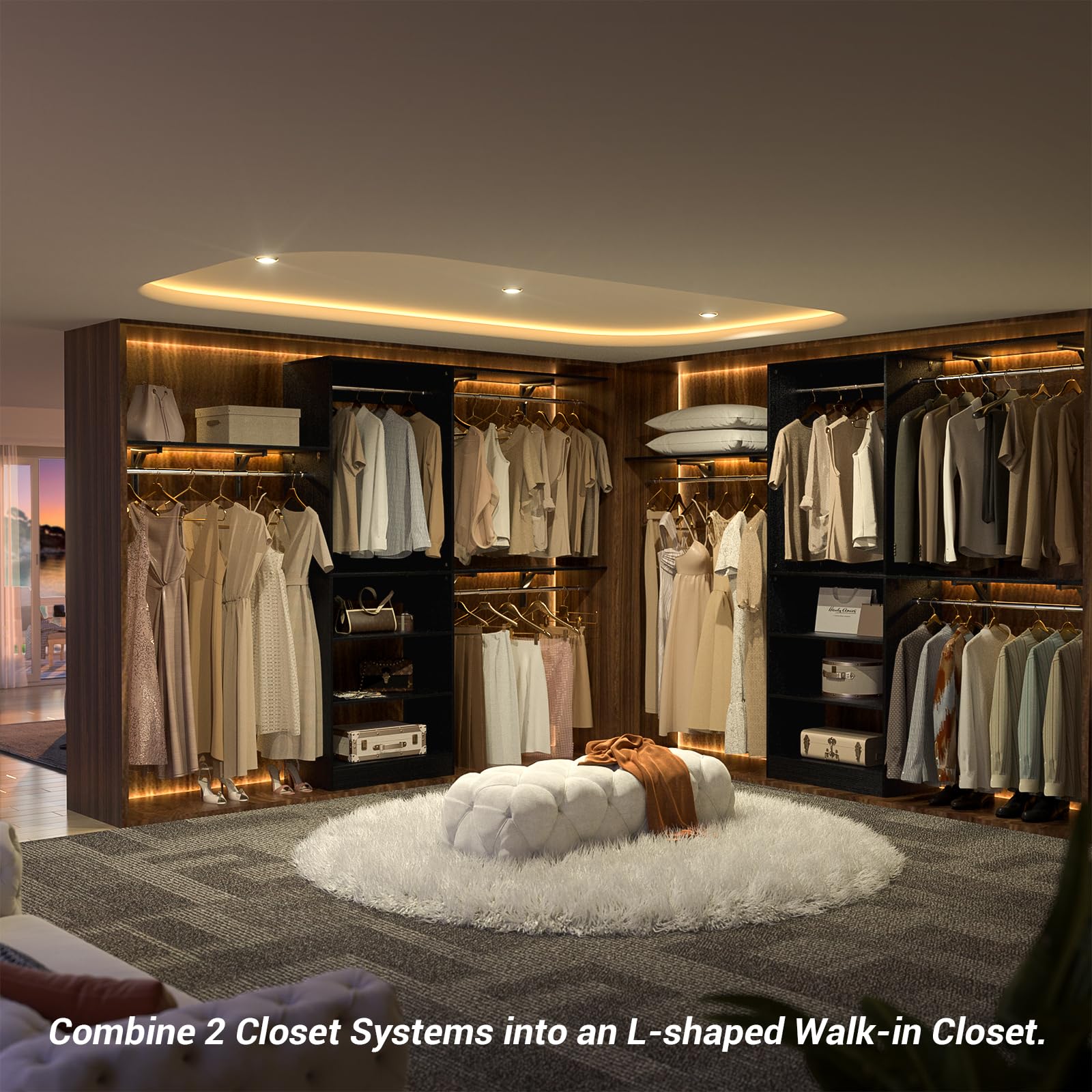 Armocity 96'' Closet System, 8FT Walk In Closet Organizer with 3 Shelving Towers, Heavy Duty Bedroom Wardrobe with 5 Shelves, Wall Mounted Clothes Rack (Can Be Cut To Fit), 96"L x 16"W x 75"H, Black