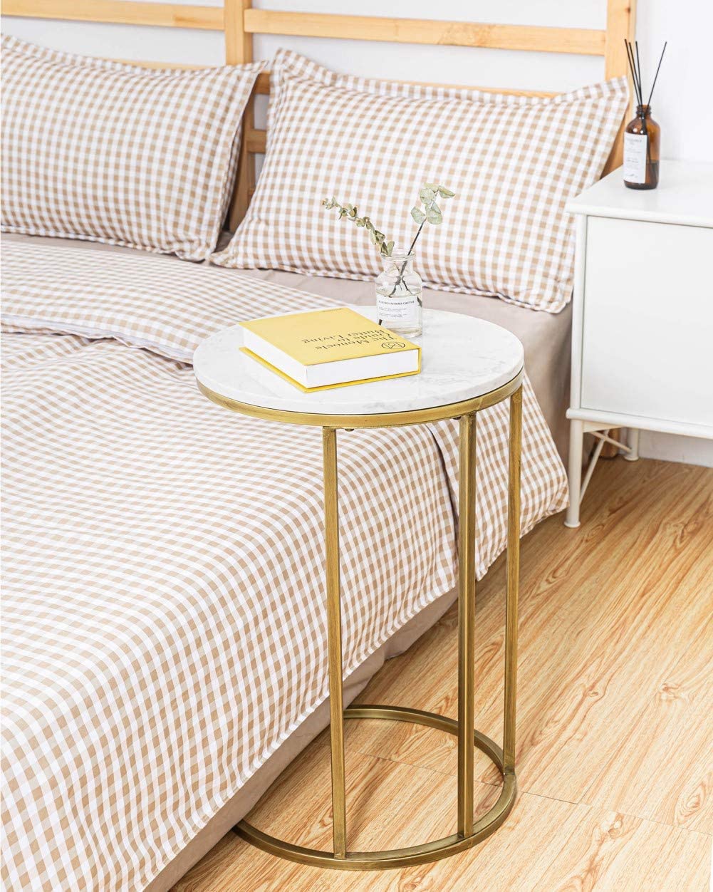 RiteSune Round C Shaped End Snack Side Table Slide Under Couch with Marble Top for Sofa Coffee Laptop Living Room Bedroom Small Space, 16" D x 24" H