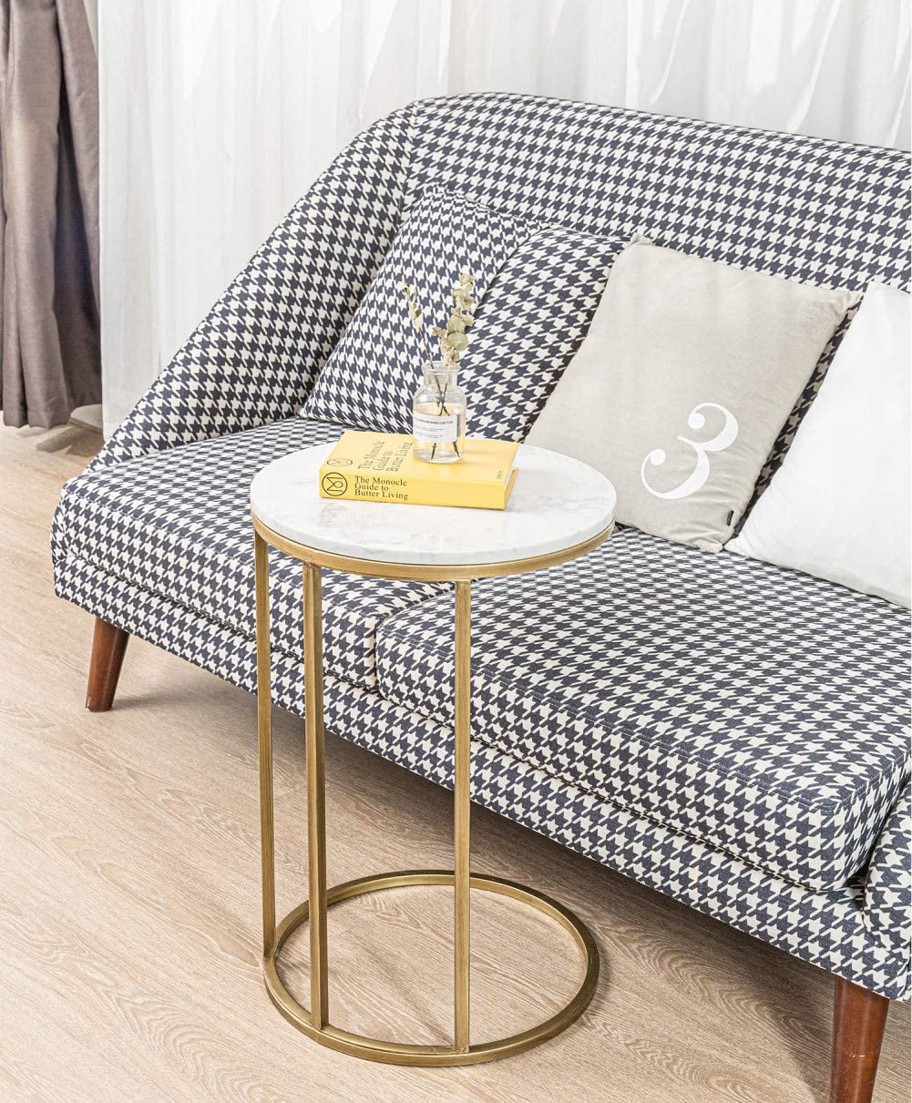 RiteSune Round C Shaped End Snack Side Table Slide Under Couch with Marble Top for Sofa Coffee Laptop Living Room Bedroom Small Space, 16" D x 24" H