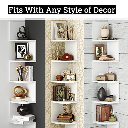 Greenco White Floating Cube Intersecting Mounted Wall Decor Square Shelves for Bedrooms, 25.5 Inch & Corner Shelf Unit Wall Mount 5 Tier Wood Floating Shelves, Easy-to-Assemble Tiered Wall Storage