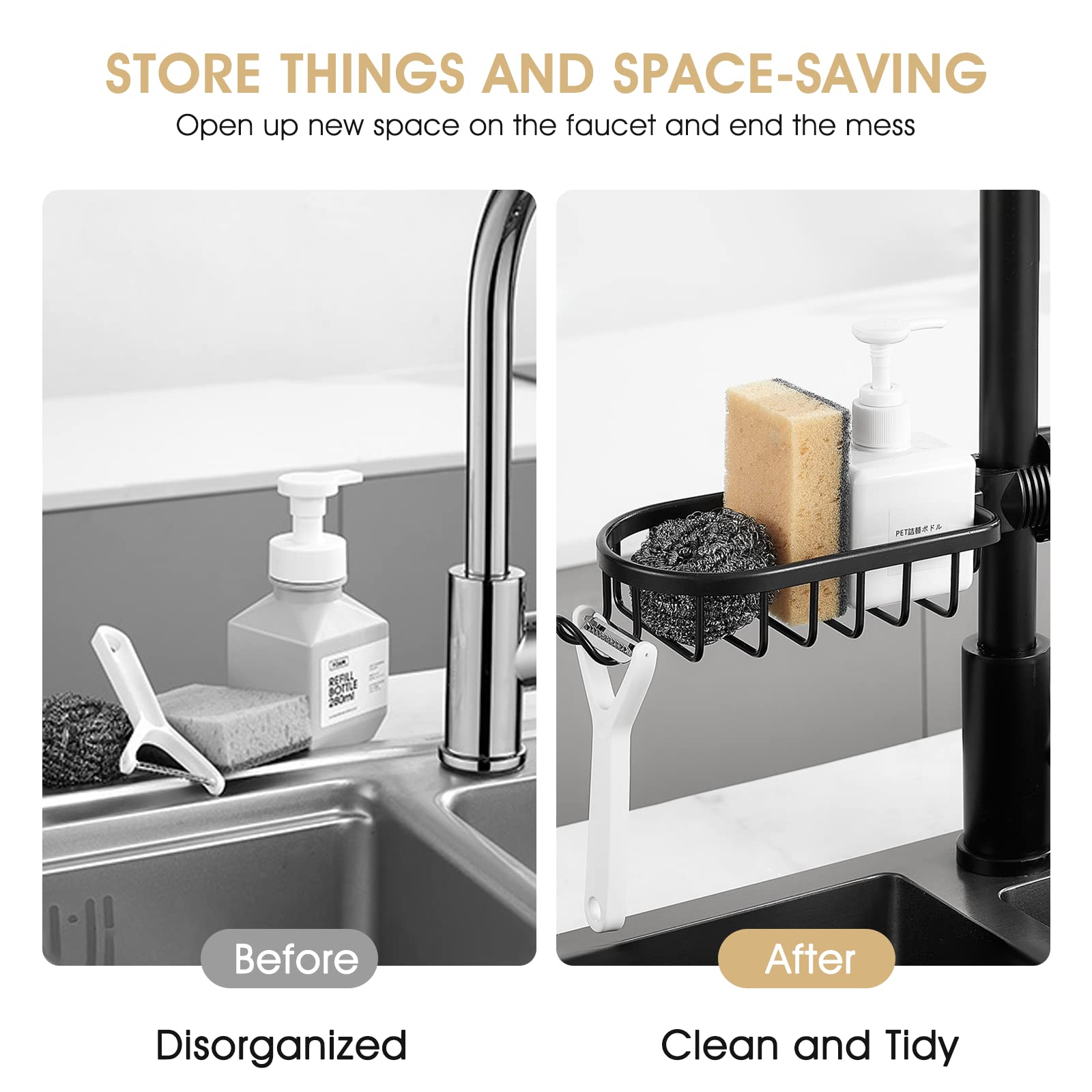 CZMIYRPY Stainless Steel Faucet Rack - Sponge Holder for Kitchen Sink Adjustable Detachable Faucet Rack, Sink Sponge Holder for Soap, Shampoo, Shower Caddy Shelf