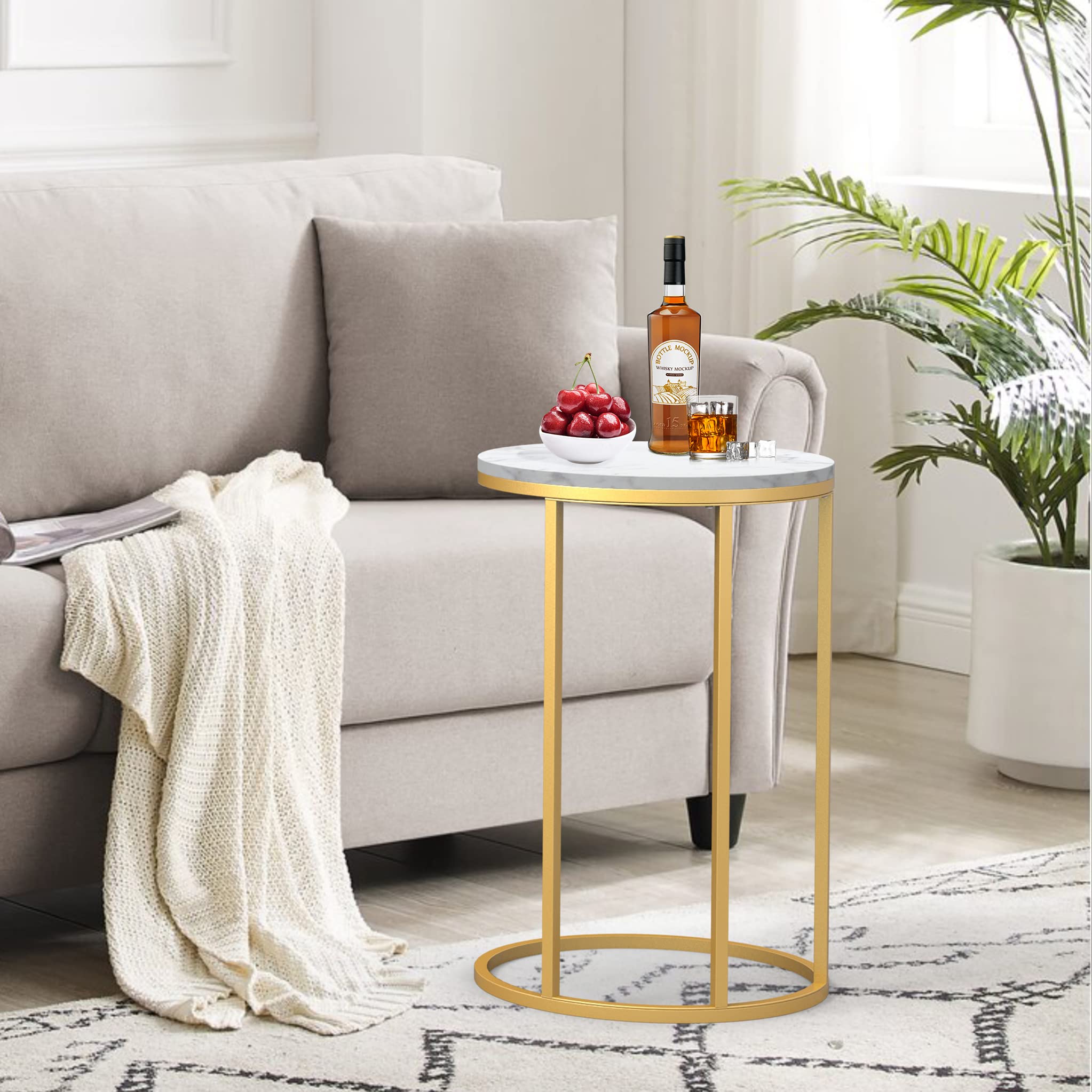RiteSune Round C Shaped End Snack Side Table Slide Under Couch with Marble Top for Sofa Coffee Laptop Living Room Bedroom Small Space, 16" D x 24" H