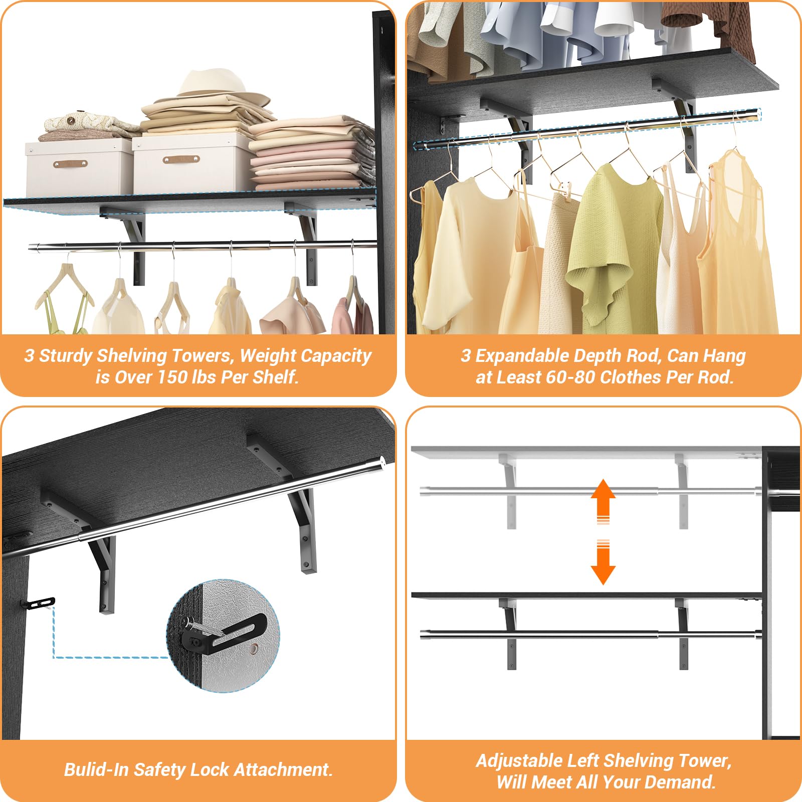 Armocity 96'' Closet System, 8FT Walk In Closet Organizer with 3 Shelving Towers, Heavy Duty Bedroom Wardrobe with 5 Shelves, Wall Mounted Clothes Rack (Can Be Cut To Fit), 96"L x 16"W x 75"H, Black