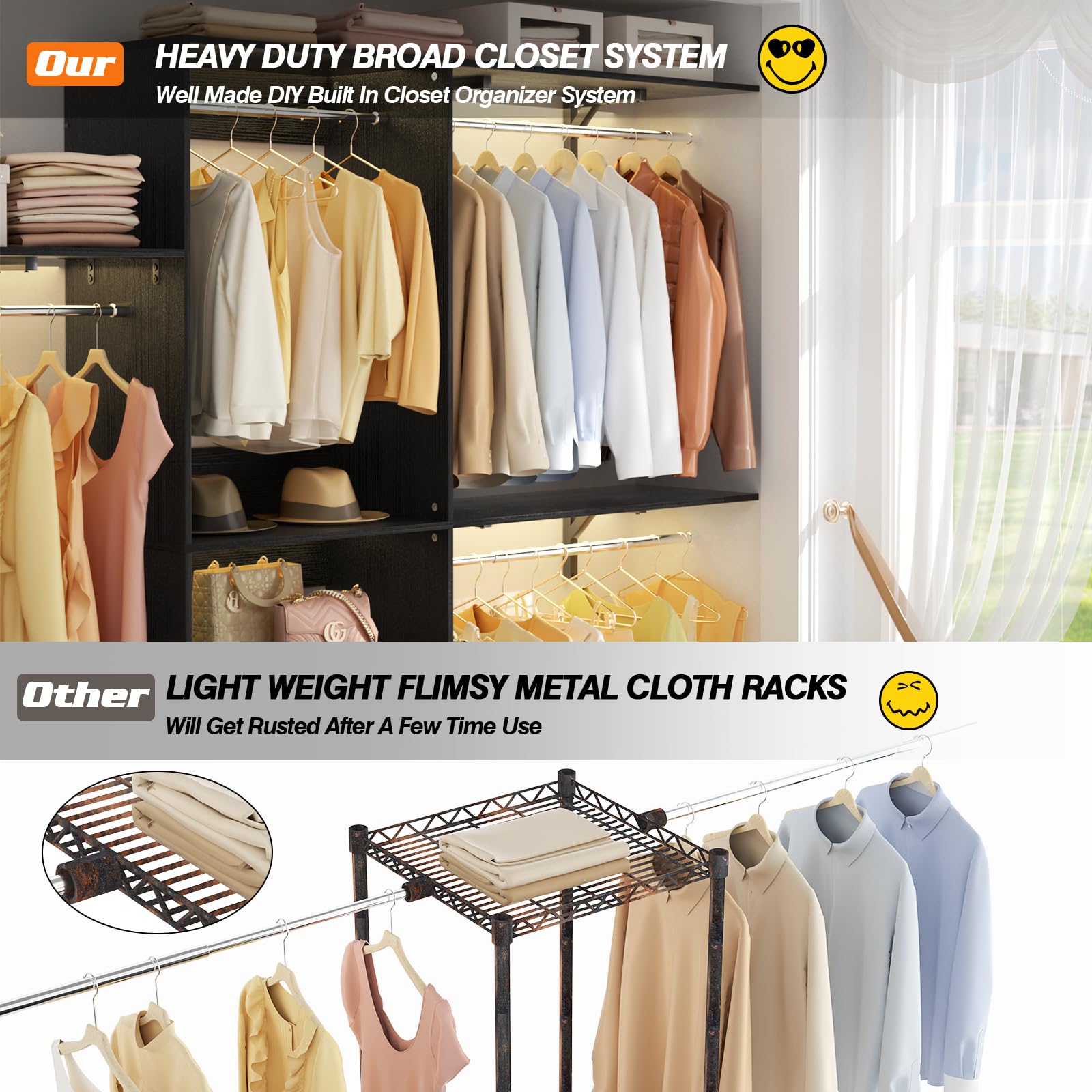 Armocity 96'' Closet System, 8FT Walk In Closet Organizer with 3 Shelving Towers, Heavy Duty Bedroom Wardrobe with 5 Shelves, Wall Mounted Clothes Rack (Can Be Cut To Fit), 96"L x 16"W x 75"H, Black
