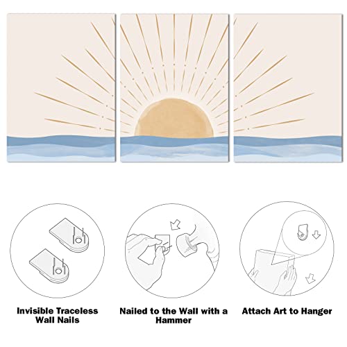 Boho Wall Art Set of 3, Neutral Geometric Sun Rising on the Sea Minimalist Art Framed Canvas Prints Artwork, Mid Century Modern Boho Sun Wall Art Decor for Bathroom, Bedroom, Living Room, Office
