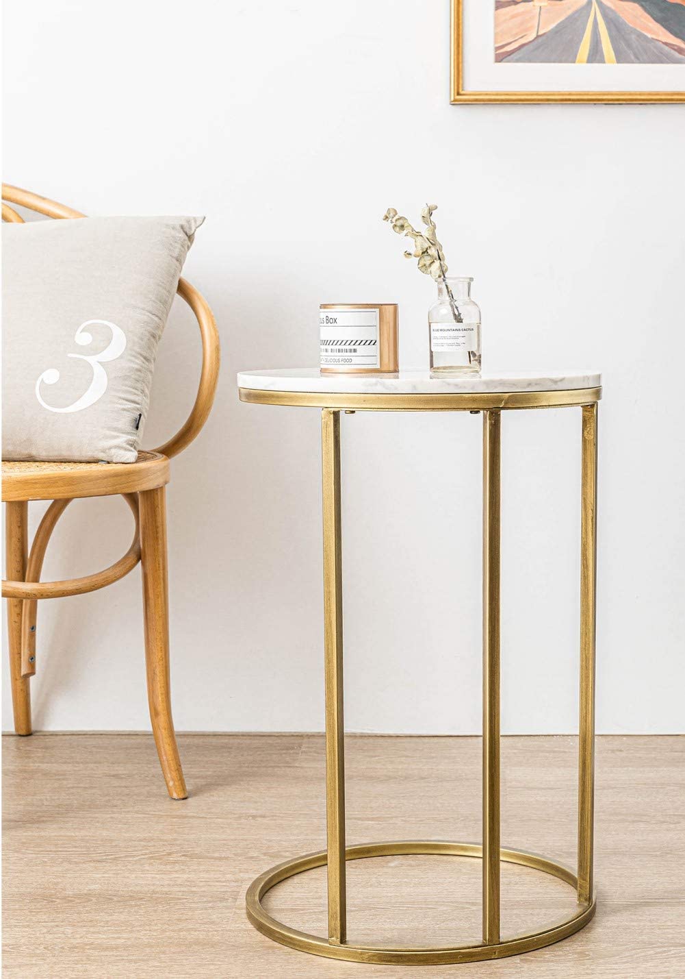 RiteSune Round C Shaped End Snack Side Table Slide Under Couch with Marble Top for Sofa Coffee Laptop Living Room Bedroom Small Space, 16" D x 24" H
