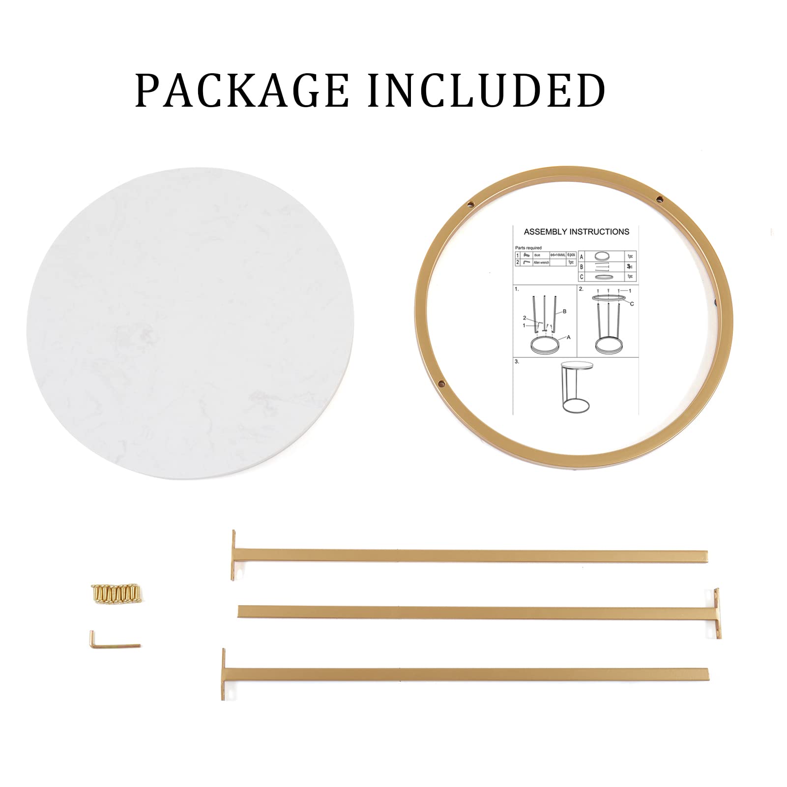 RiteSune Round C Shaped End Snack Side Table Slide Under Couch with Marble Top for Sofa Coffee Laptop Living Room Bedroom Small Space, 16" D x 24" H