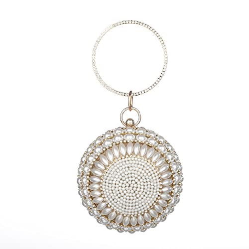 Sither Round Ball Handbag Purses for Women Evening Ball Handbag Purses Pearls Clutch Purses Shoulder Chain Bags for Party Prom Christmas Gift (gold)