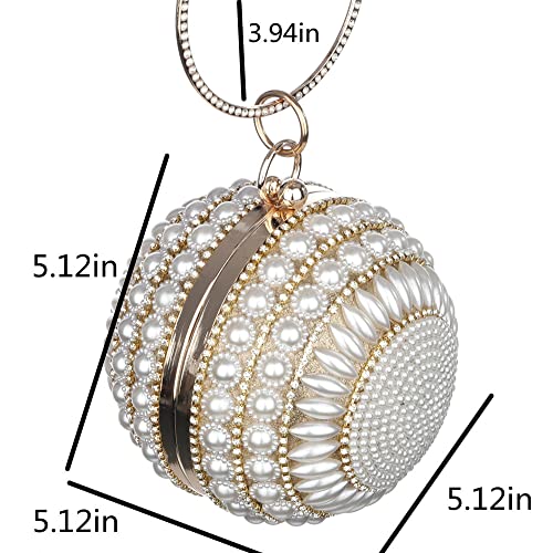 Sither Round Ball Handbag Purses for Women Evening Ball Handbag Purses Pearls Clutch Purses Shoulder Chain Bags for Party Prom Christmas Gift (gold)