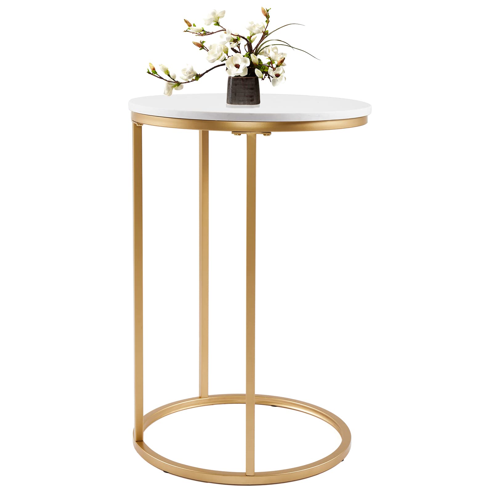 RiteSune Round C Shaped End Snack Side Table Slide Under Couch with Marble Top for Sofa Coffee Laptop Living Room Bedroom Small Space, 16" D x 24" H