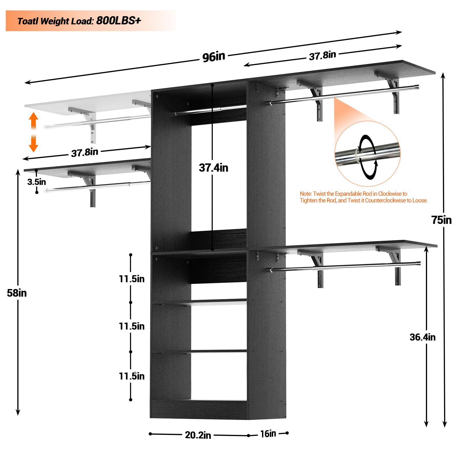 Armocity 96'' Closet System, 8FT Walk In Closet Organizer with 3 Shelving Towers, Heavy Duty Bedroom Wardrobe with 5 Shelves, Wall Mounted Clothes Rack (Can Be Cut To Fit), 96"L x 16"W x 75"H, Black