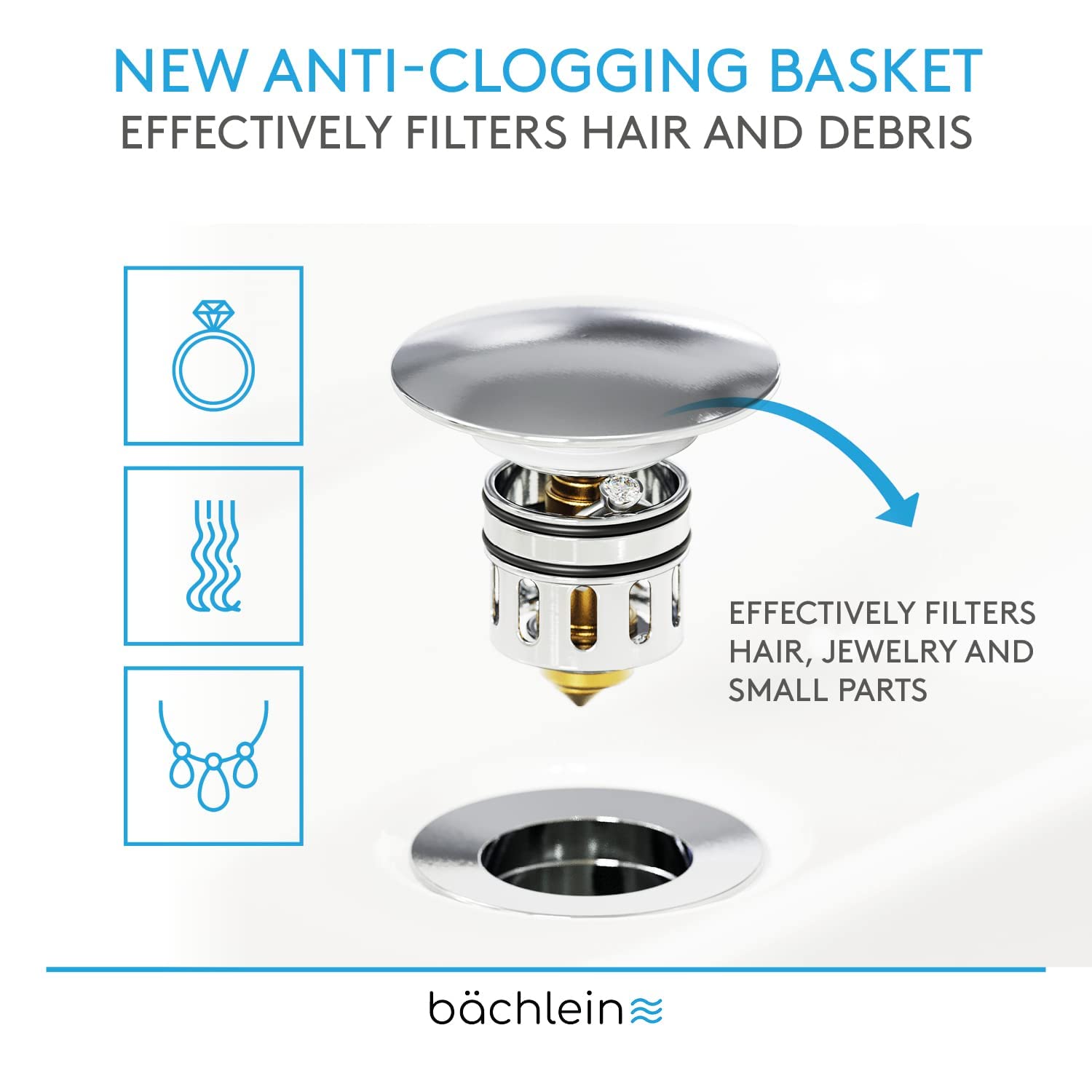 Bächlein Bathroom Sink Drain Without Overflow - Sink Stopper with Pop Up Function - Chrome Pop Up Bathroom Sink Drain incl. 3 Extra Seals and Installation Manual - German Brand
