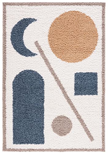 Safavieh Calico Shag Collection 8' x 10' Ivory/Blue CLC114A Mid-Century Modern Non-Shedding 1.6-inch Thick Area Rug
