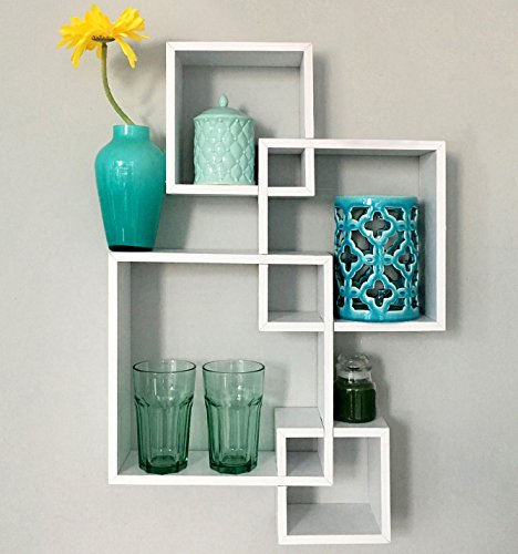 Greenco White Floating Cube Intersecting Mounted Wall Decor Square Shelves for Bedrooms, 25.5 Inch & Corner Shelf Unit Wall Mount 5 Tier Wood Floating Shelves, Easy-to-Assemble Tiered Wall Storage