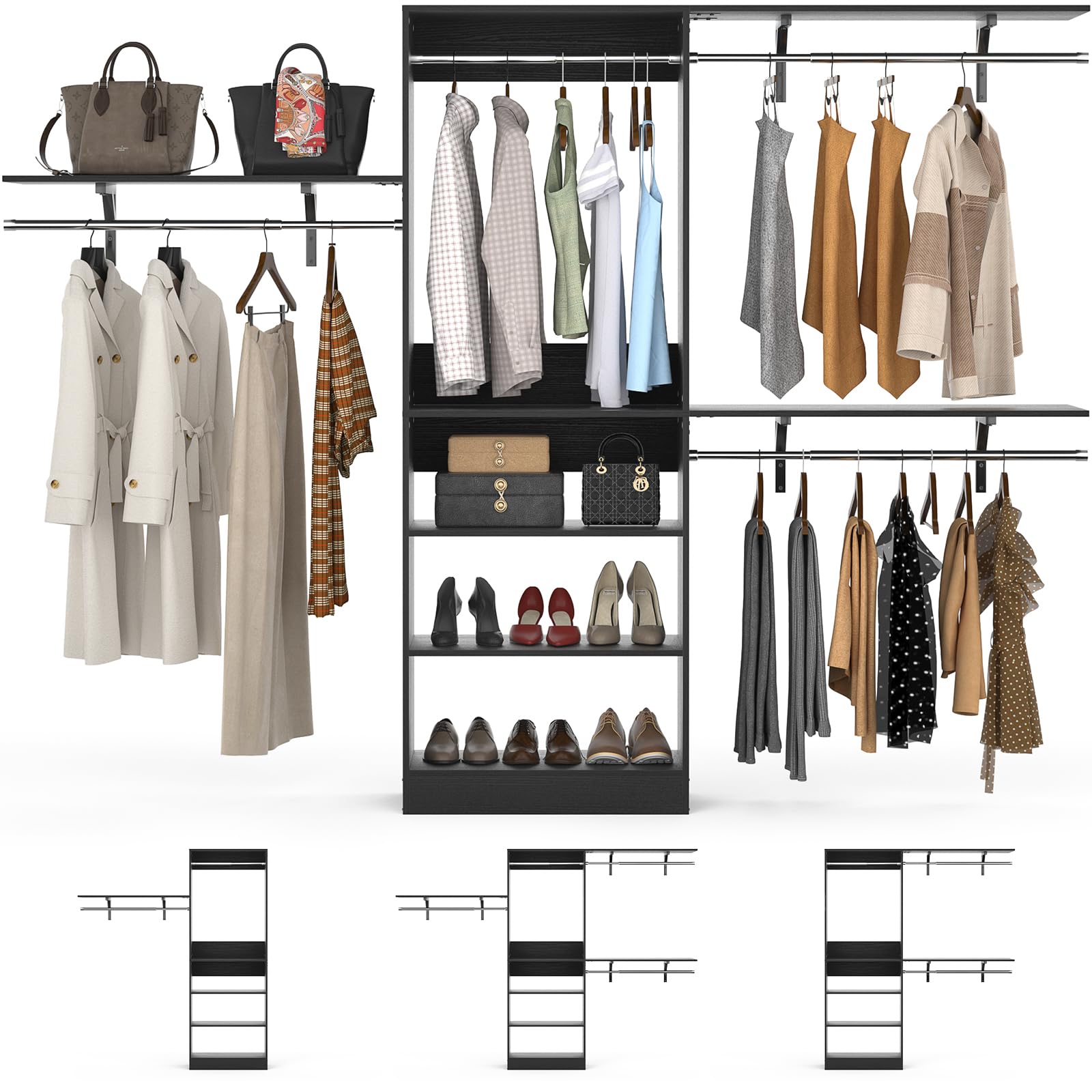 Armocity 96'' Closet System, 8FT Walk In Closet Organizer with 3 Shelving Towers, Heavy Duty Bedroom Wardrobe with 5 Shelves, Wall Mounted Clothes Rack (Can Be Cut To Fit), 96"L x 16"W x 75"H, Black