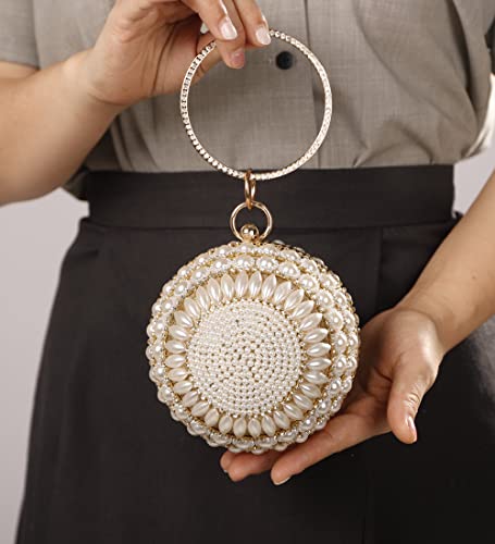 Sither Round Ball Handbag Purses for Women Evening Ball Handbag Purses Pearls Clutch Purses Shoulder Chain Bags for Party Prom Christmas Gift (gold)