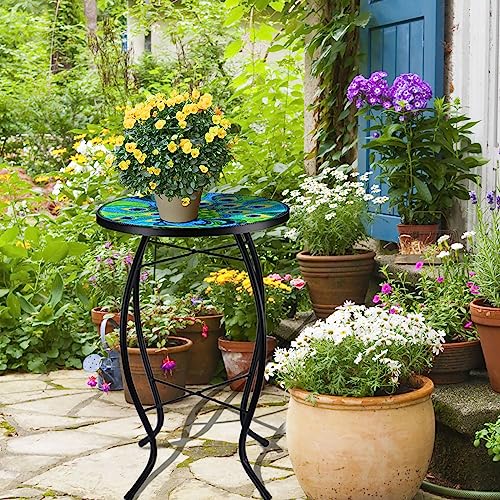 VCUTEKA Patio Side Table Plant Stands Outdoor Accent Table Small Mosaic Table Glass Top Round Balcony Coffee Table