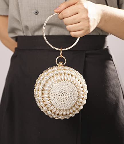 Sither Round Ball Handbag Purses for Women Evening Ball Handbag Purses Pearls Clutch Purses Shoulder Chain Bags for Party Prom Christmas Gift (gold)