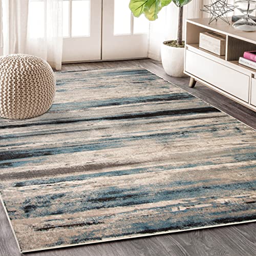 SUPERIOR Indoor Large Area Rug, Striped Damask Modern Decor for Living/ Dining Room, Office, Bedroom, Entryway, Kitchen, Dorm, Hardwood Floor Throw, Jute Backed, Taia Collection, Blue-Cream, 5' x 8'