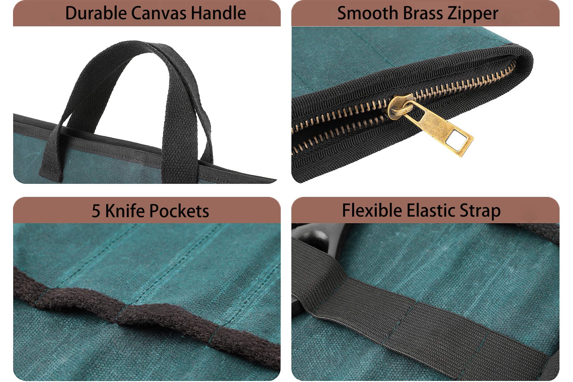 Chef's Travel Knife Case, Portable Knife Roll Bag For Men And Women, Waterproof Waxed Canvas, Strong Zipper, 5 Slots (Dark Green)