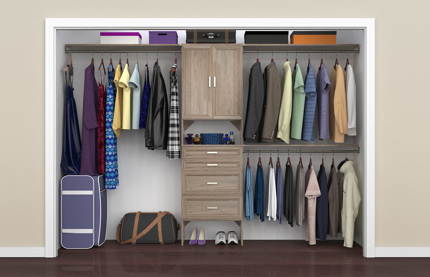 ClosetMaid SuiteSymphony Closet Organizer with Shelves, 2 Doors, 4 Drawers, 25-Inch-Natural Gray
