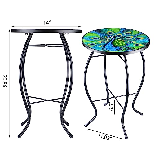 VCUTEKA Patio Side Table Plant Stands Outdoor Accent Table Small Mosaic Table Glass Top Round Balcony Coffee Table