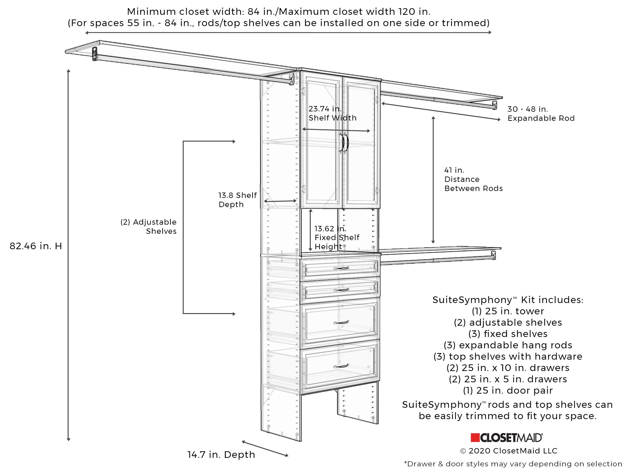 ClosetMaid SuiteSymphony Closet Organizer with Shelves, 2 Doors, 4 Drawers, 25-Inch-Natural Gray