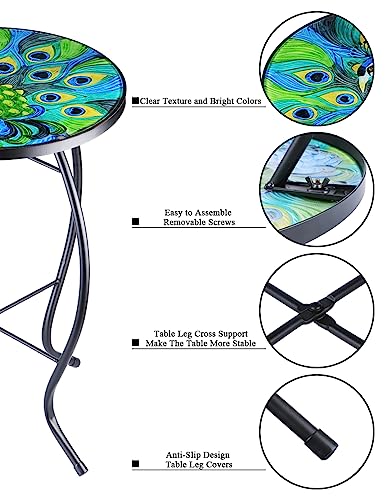 VCUTEKA Patio Side Table Plant Stands Outdoor Accent Table Small Mosaic Table Glass Top Round Balcony Coffee Table