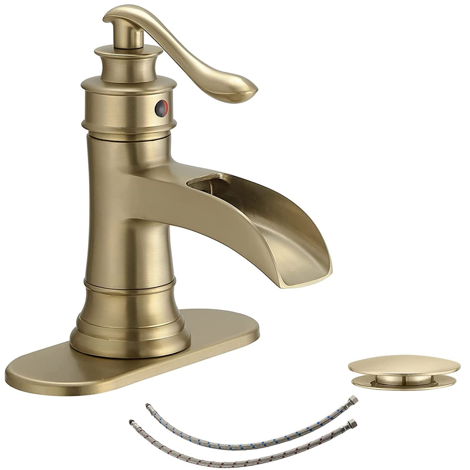 Bathfinesse Gold Bathroom Faucet Waterfall Bathroom Sink Faucets Brass with Pop Up Drain Stopper Single-Handle 1 Hole Faucet