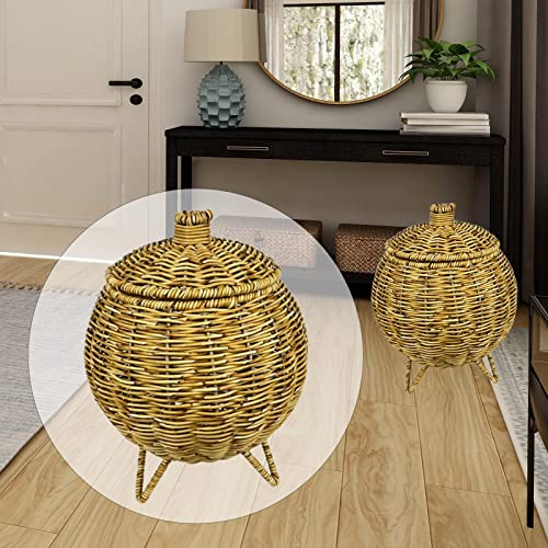 Colcolo Retro Style Rattan Round Serving Basket with Lid Handmade Woven Art Decor Storage Tray Bouquets for Organizing Home Decorative Tabletop, Imitation Rattan