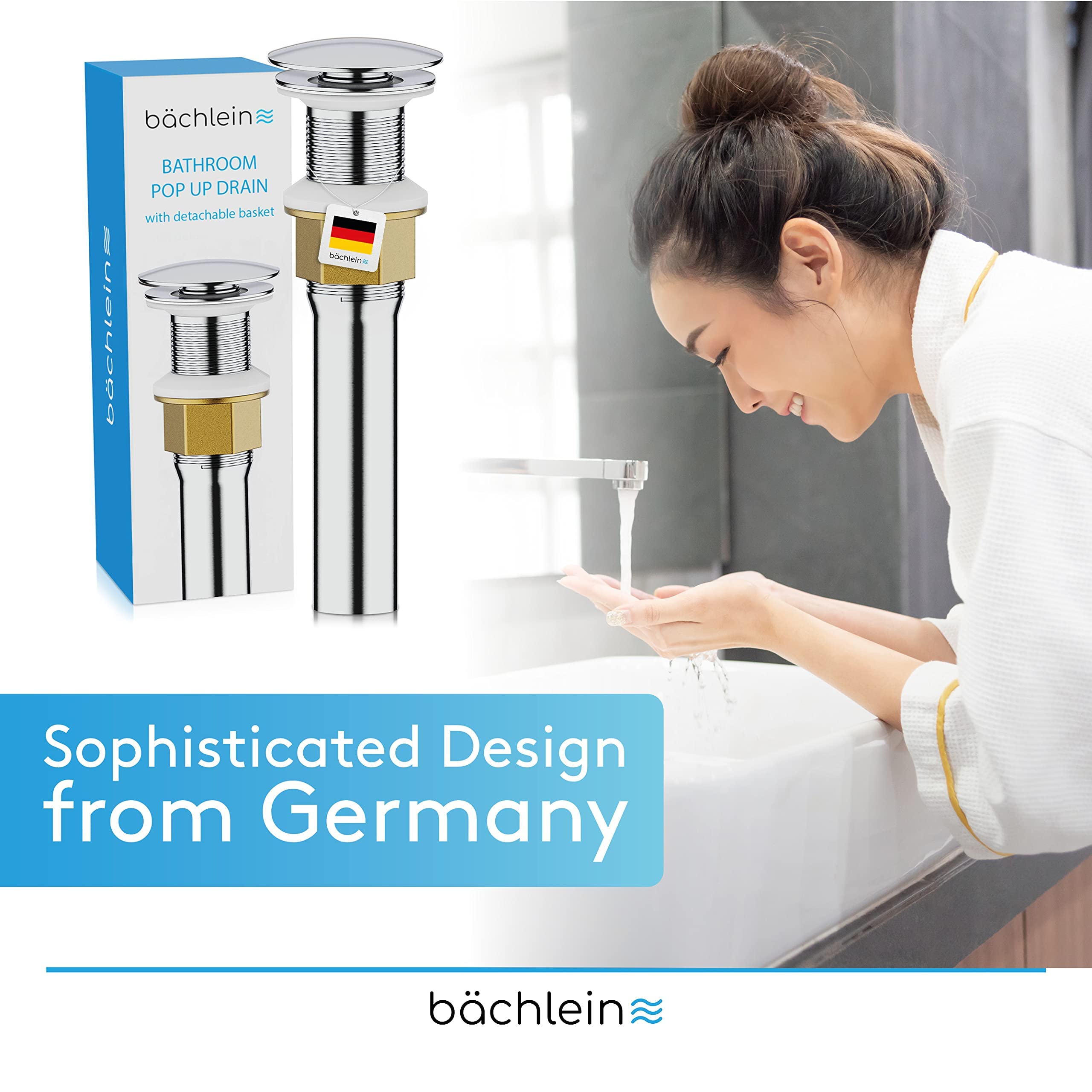 Bächlein Bathroom Sink Drain Without Overflow - Sink Stopper with Pop Up Function - Chrome Pop Up Bathroom Sink Drain incl. 3 Extra Seals and Installation Manual - German Brand