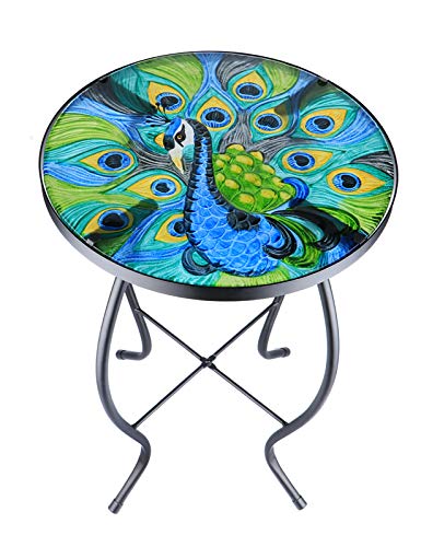 VCUTEKA Patio Side Table Plant Stands Outdoor Accent Table Small Mosaic Table Glass Top Round Balcony Coffee Table