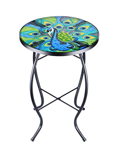 VCUTEKA Patio Side Table Plant Stands Outdoor Accent Table Small Mosaic Table Glass Top Round Balcony Coffee Table
