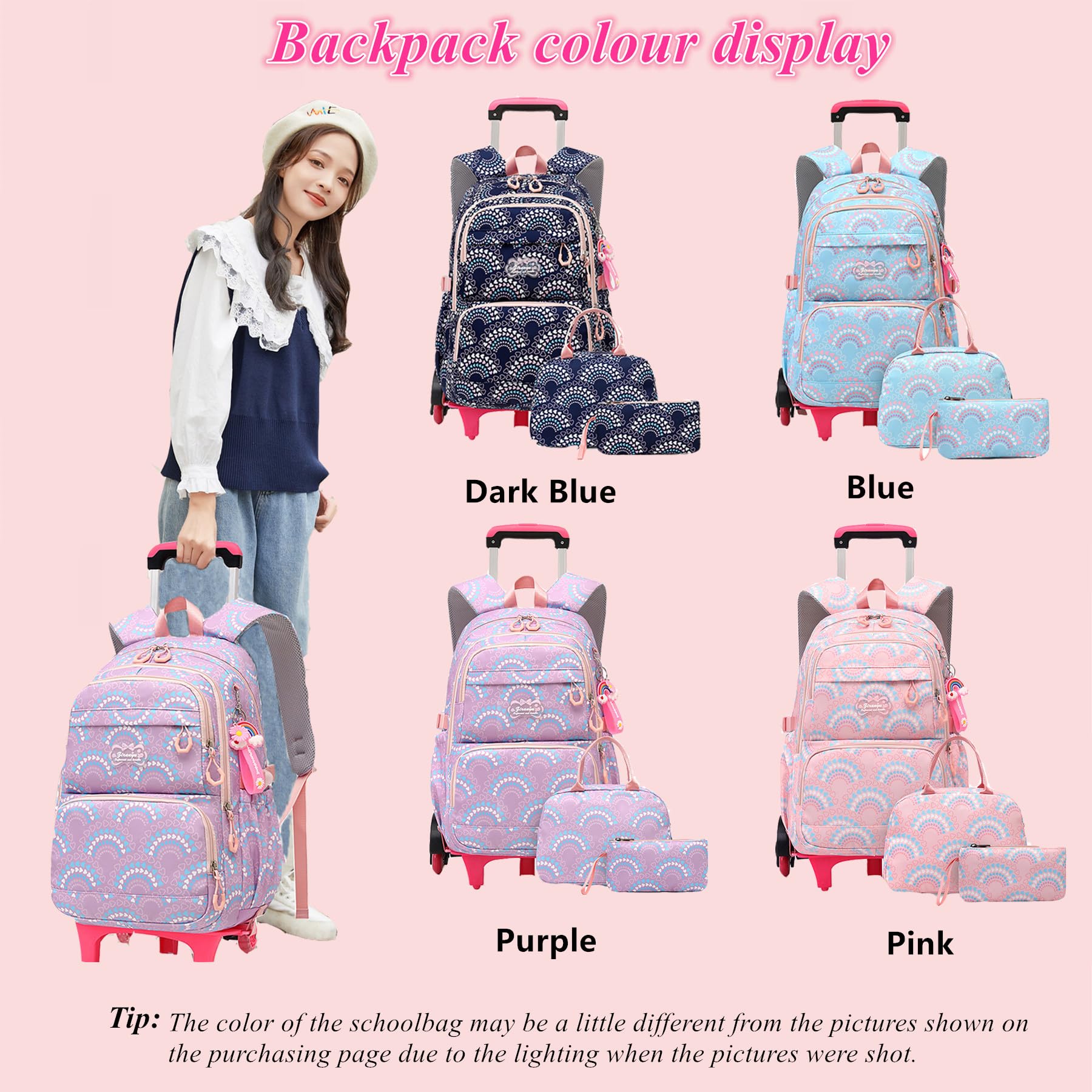 Mfikaryi 3PCS Girls Rolling Backpack Elementary Student Schoolbag Travel Trolley Bag Wheeled Bookbag with Lunch Box