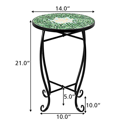GRAFFY Outdoor Mosaic Side Table, 14 Inch Patio End Table, Round Printed Glass Table with Steel Frame for Garden/Yard/Lawn/Balcony and Home Decor Small End Table (Green)
