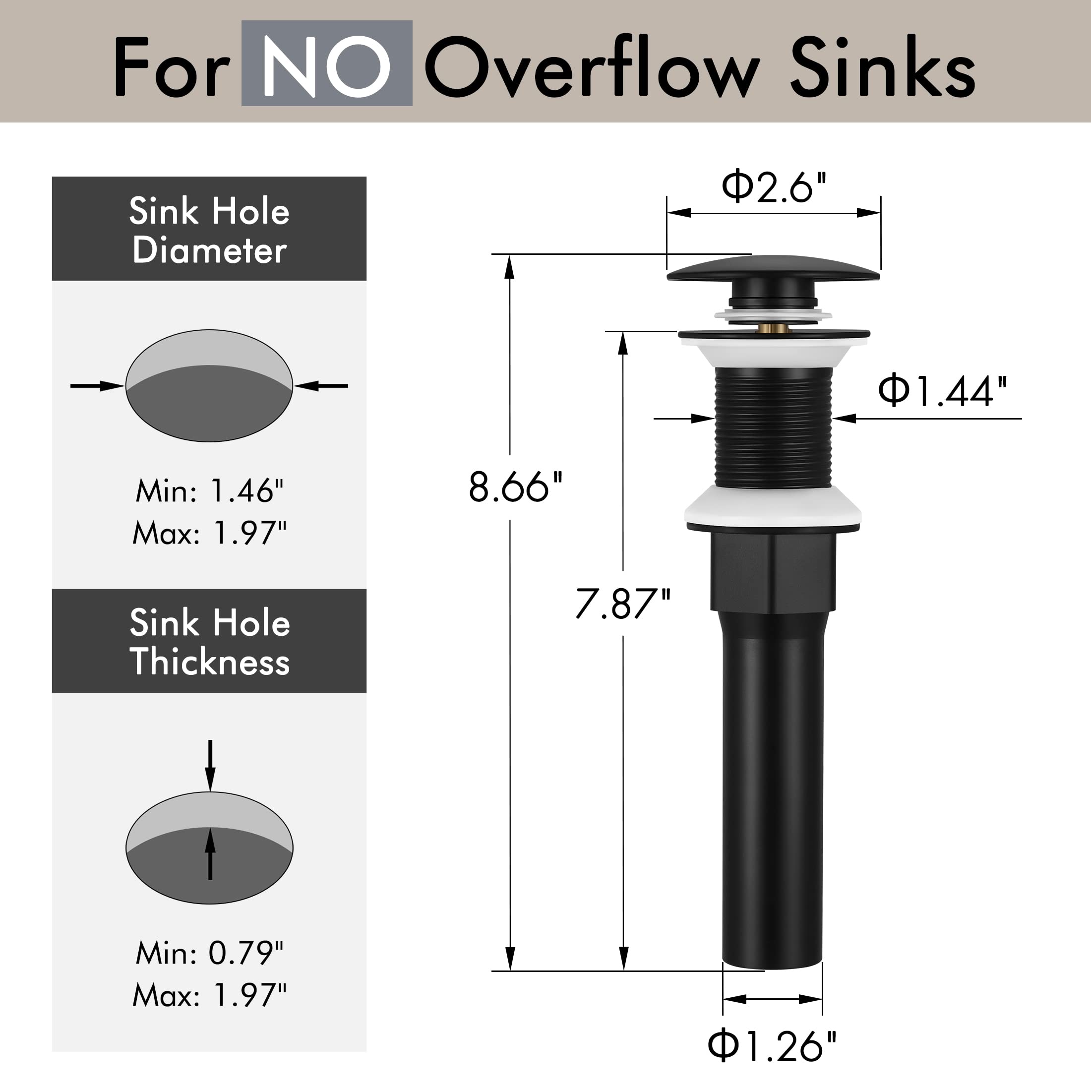 KES Black Pop Up Drain Stopper for Bathroom Sink, Sink Drain with Hair Catcher Without Overflow, 2 Pack, Matte Black, All Metal Rustproof 304 Stainless Steel, S2013D-BK-P2