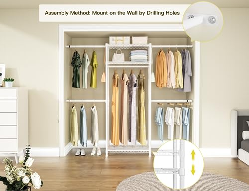 Ulif M3 Clothes Rack Closet Organizer and Storage System 3 Tiers Built-in Wall Mounted Heavy Duty Garment Rack with 4 Expandable Hanger Rods, Fits Space 4.3-9.3 ft, 72.2"H, Load Capacity 710LBS, White