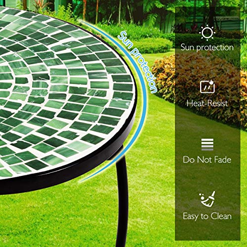GRAFFY Outdoor Mosaic Side Table, 14 Inch Patio End Table, Round Printed Glass Table with Steel Frame for Garden/Yard/Lawn/Balcony and Home Decor Small End Table (Green)