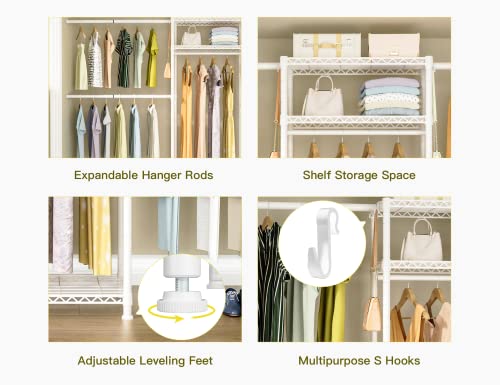 Ulif M3 Clothes Rack Closet Organizer and Storage System 3 Tiers Built-in Wall Mounted Heavy Duty Garment Rack with 4 Expandable Hanger Rods, Fits Space 4.3-9.3 ft, 72.2"H, Load Capacity 710LBS, White