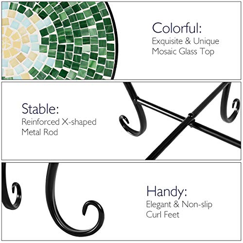 GRAFFY Outdoor Mosaic Side Table, 14 Inch Patio End Table, Round Printed Glass Table with Steel Frame for Garden/Yard/Lawn/Balcony and Home Decor Small End Table (Green)