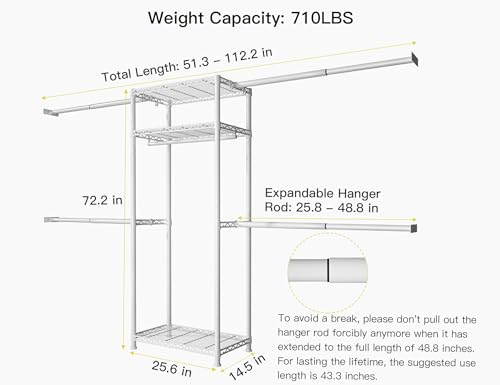 Ulif M3 Clothes Rack Closet Organizer and Storage System 3 Tiers Built-in Wall Mounted Heavy Duty Garment Rack with 4 Expandable Hanger Rods, Fits Space 4.3-9.3 ft, 72.2"H, Load Capacity 710LBS, White