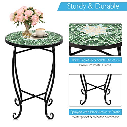 GRAFFY Outdoor Mosaic Side Table, 14 Inch Patio End Table, Round Printed Glass Table with Steel Frame for Garden/Yard/Lawn/Balcony and Home Decor Small End Table (Green)
